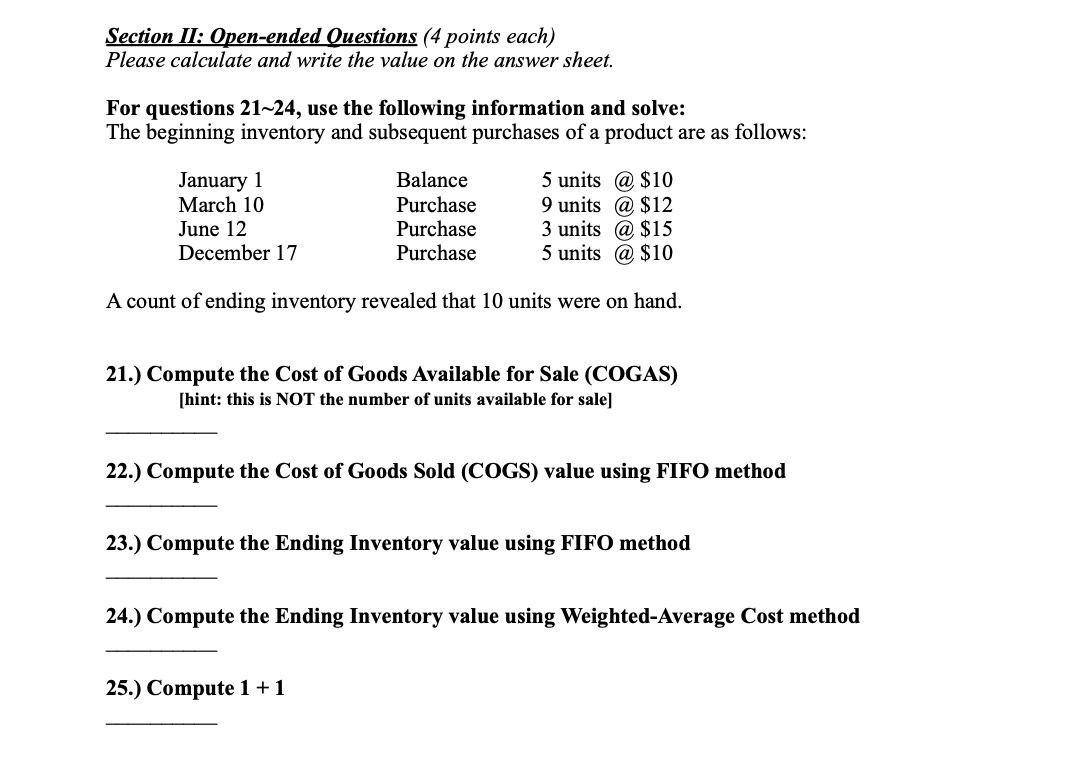 Solved Section II: Open-ended Questions (4 points each) | Chegg.com