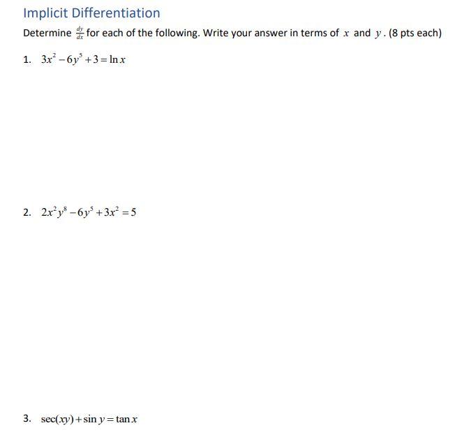 Solved Implicit Differentiation Determine for each of the | Chegg.com