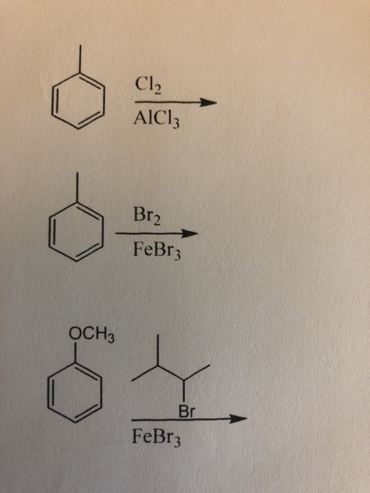 Solved 2 Cl2 AlCl3 Br2 FeBr3 OCH3 Br FeBr3 | Chegg.com
