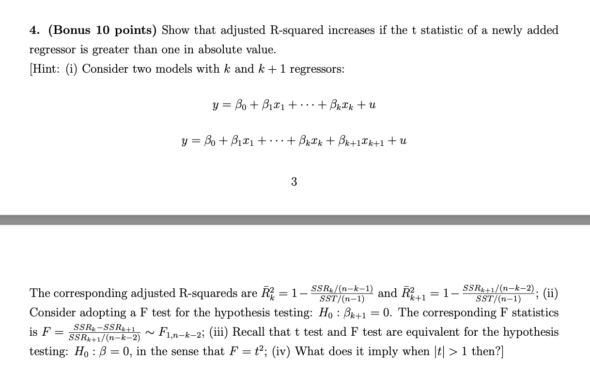 Solved 4. (Bonus 10 points) Show that adjusted R-squared | Chegg.com