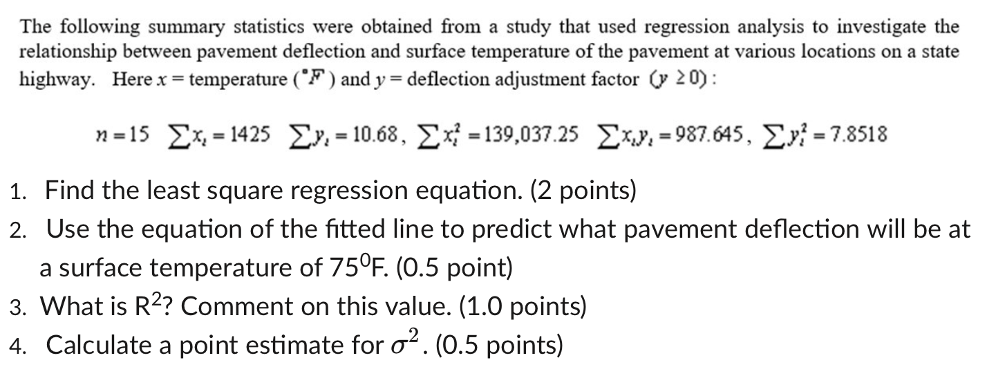 Solved The Following Summary Statistics Were Obtained From A