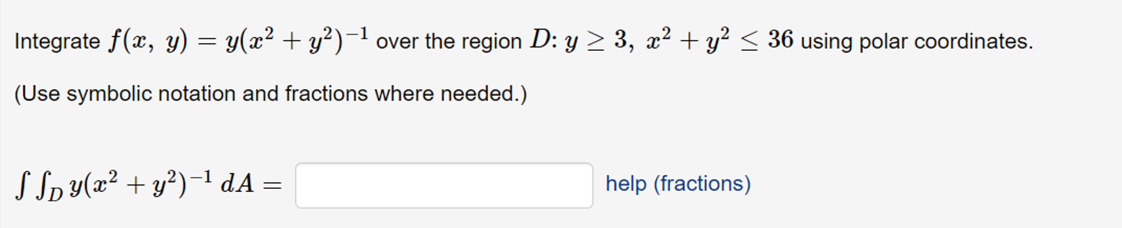 Solved Integrate f(x,y)=y(x2+y2)-1 ﻿over the region | Chegg.com