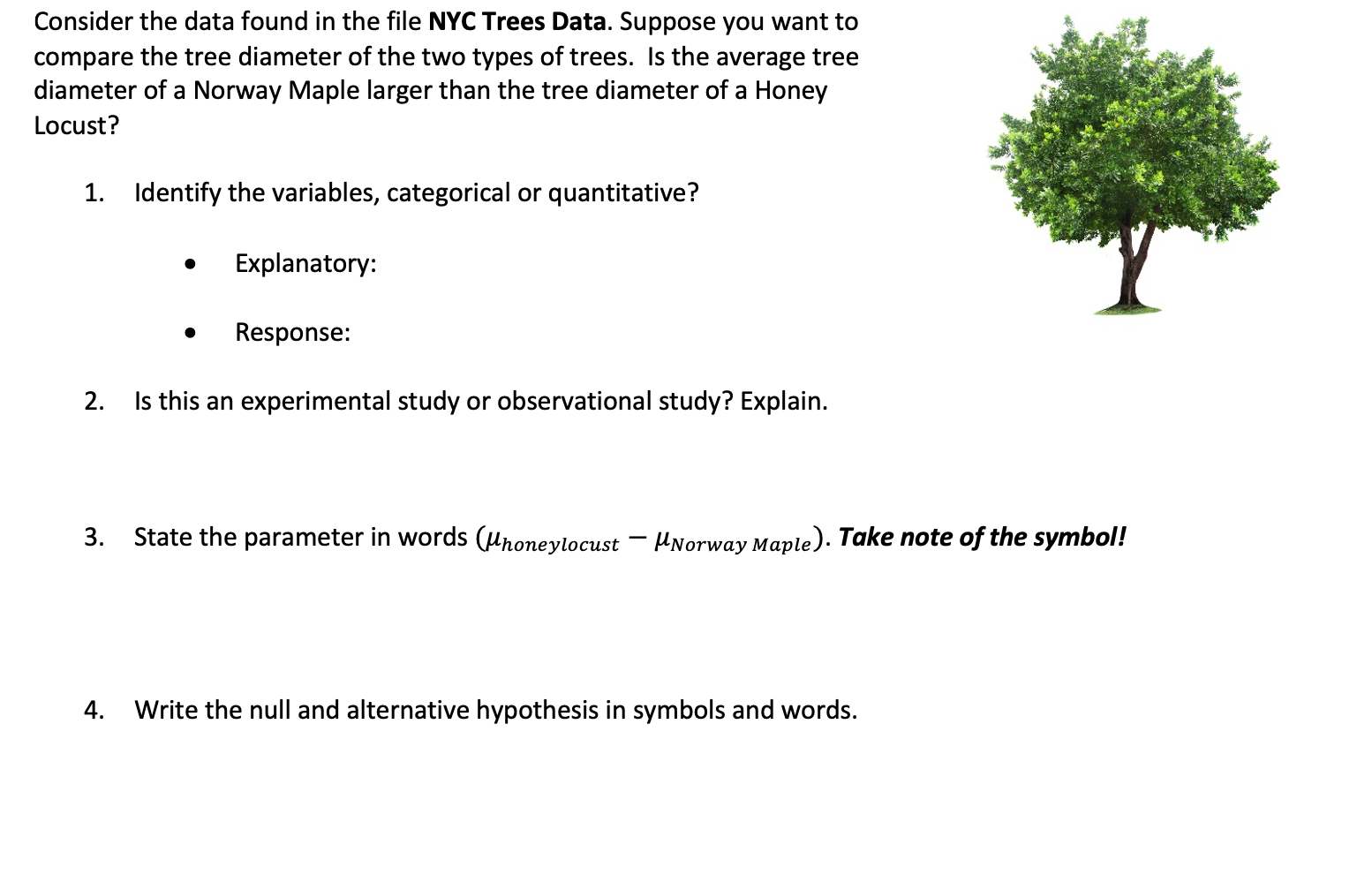 Solved Consider the data found in the file NYC Trees Data. | Chegg.com