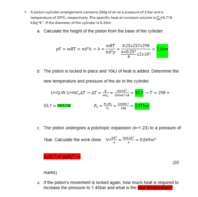 Solved A piston-cylinder arrangement contains 250g ﻿of air | Chegg.com