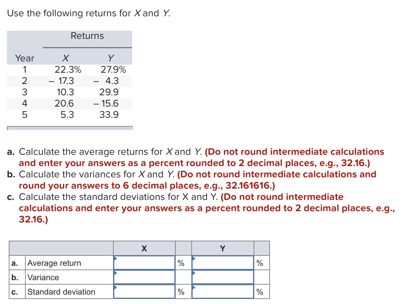 Solved Use the following returns for X and Y. Returns Year | Chegg.com
