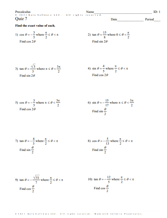 Solved Precalculus 20 21 Kuta Software LLC. Name ID: 1 Date | Chegg.com