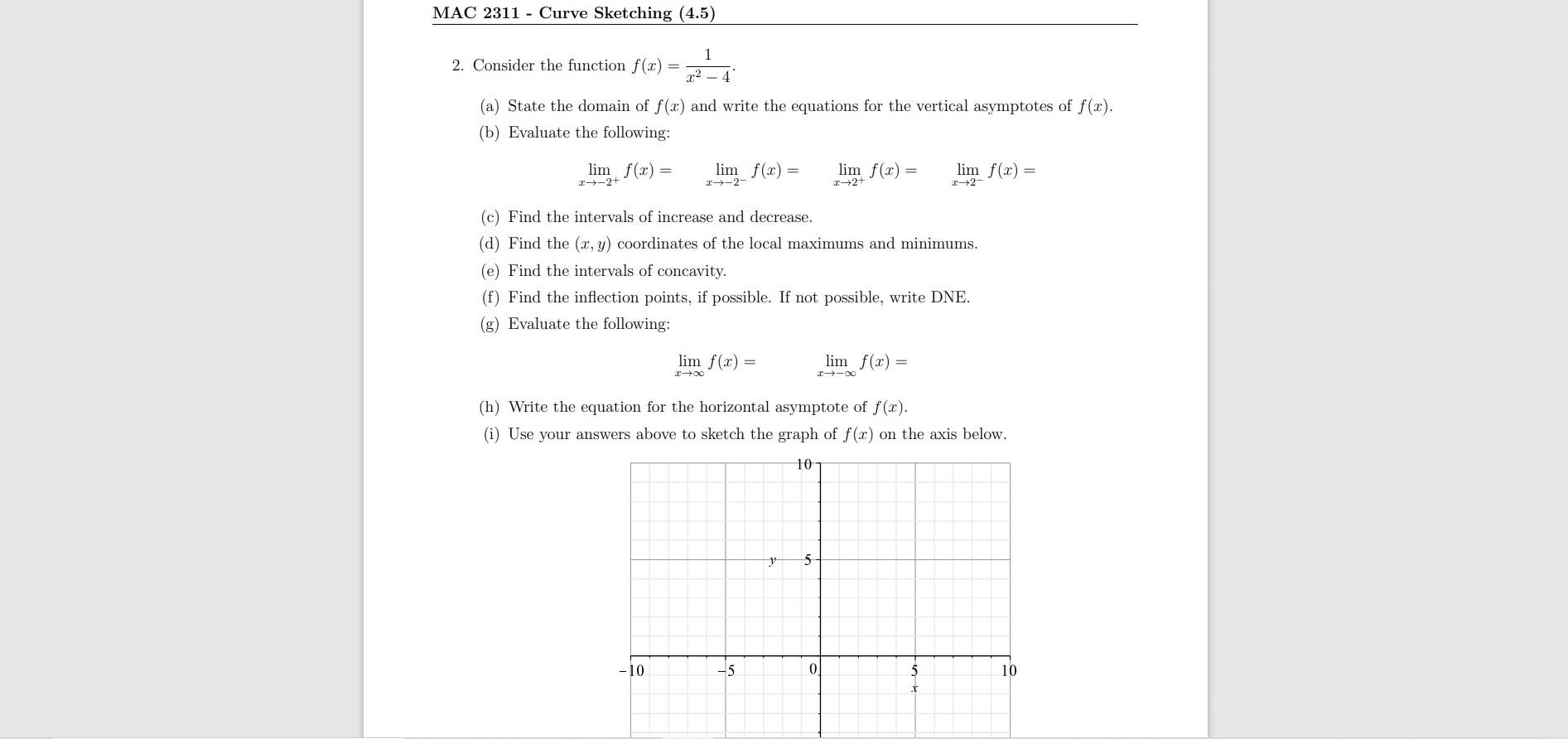 Solved MAC 2311 - Curve Sketching (4.5) 2. Consider the | Chegg.com
