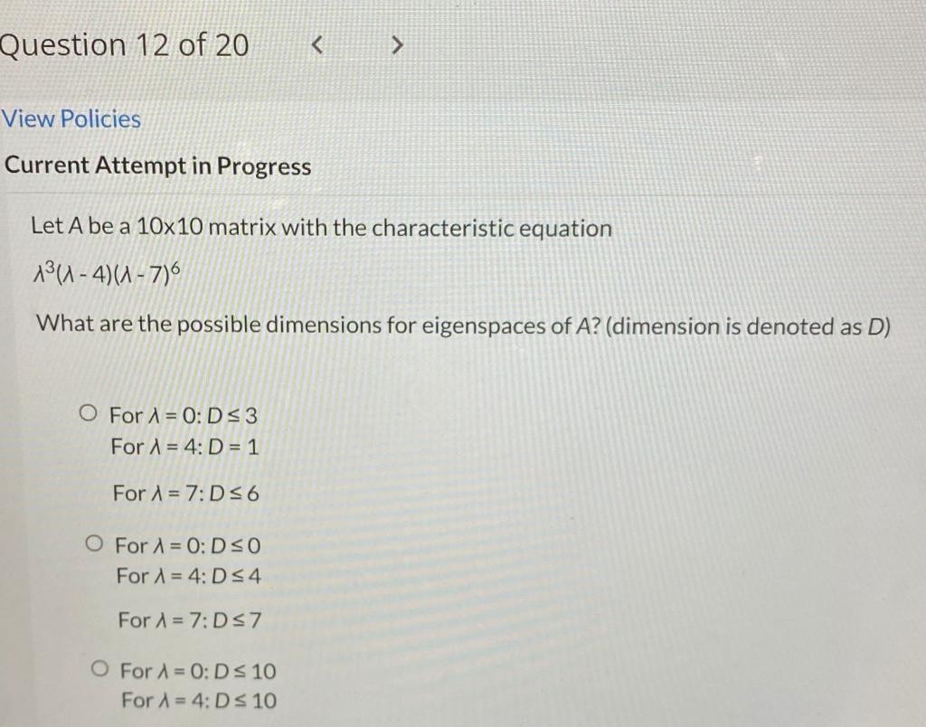 Solved Question 12 of 20 View Policies Current Attempt in | Chegg.com
