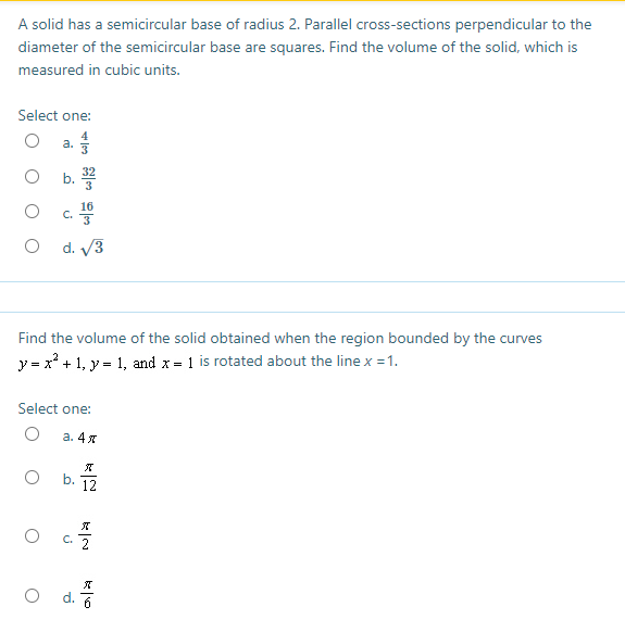 Solved A solid has a semicircular base of radius 2. Parallel | Chegg.com
