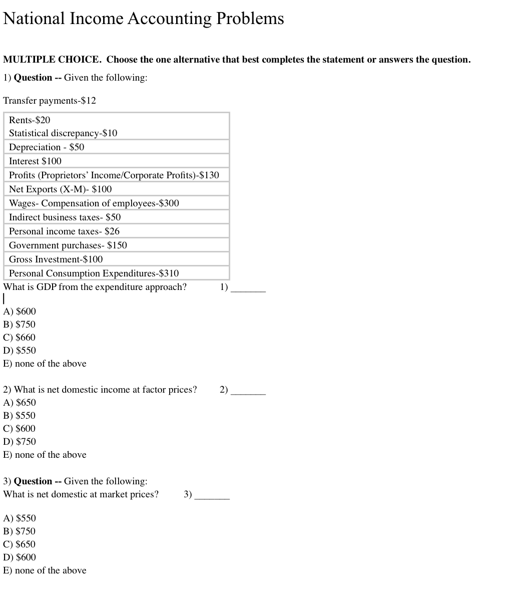 Solved National Income Accounting Problems MULTIPLE CHOICE. | Chegg.com