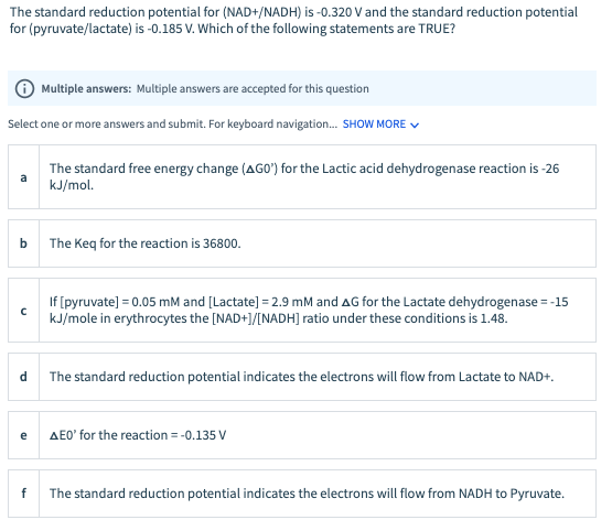 Solved The standard reduction potential for (NAD+/NADH) is | Chegg.com