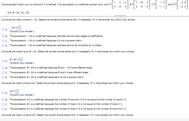 Solved Compute each matrix sum or product if it is defined. | Chegg.com