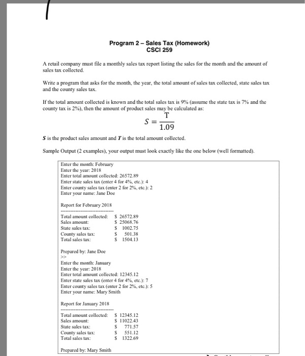 Solved Program 2-Sales Tax (Homework) CSCI 259 A retail | Chegg.com