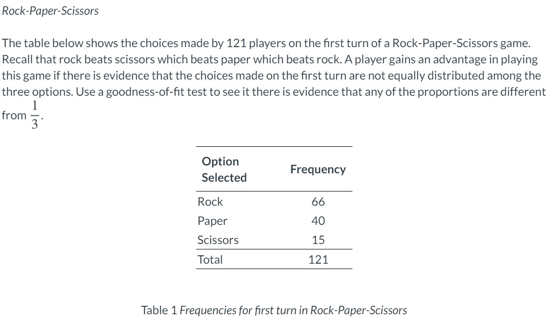 Solved Rock-Paper-Scissors The table below shows the choices | Chegg.com
