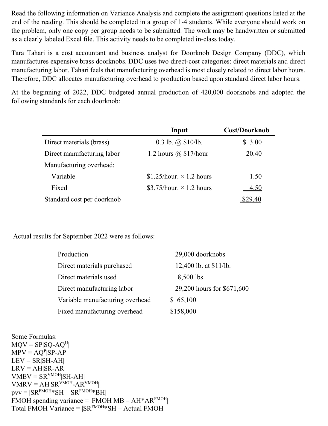 Solved Read the following information on Variance Analysis | Chegg.com