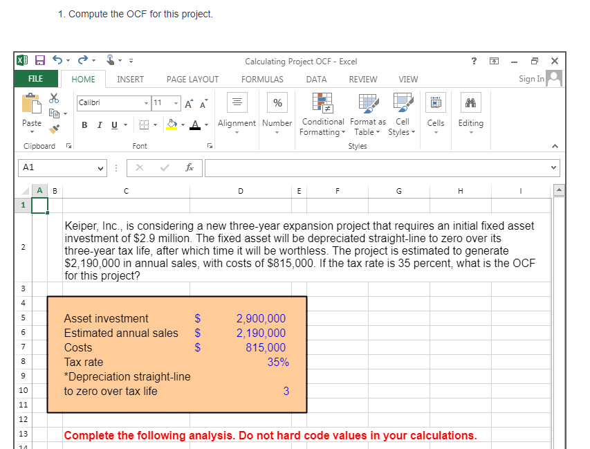 Solved 1. Compute the OCF for this project. ? X SA FILE HOME | Chegg.com