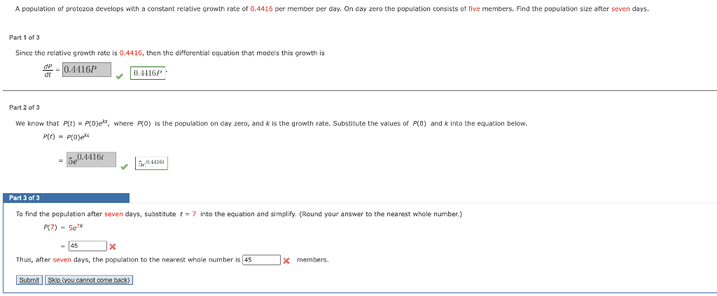 Solved Part 1 of 3 Since the relative growth rate is 0.4416, | Chegg.com
