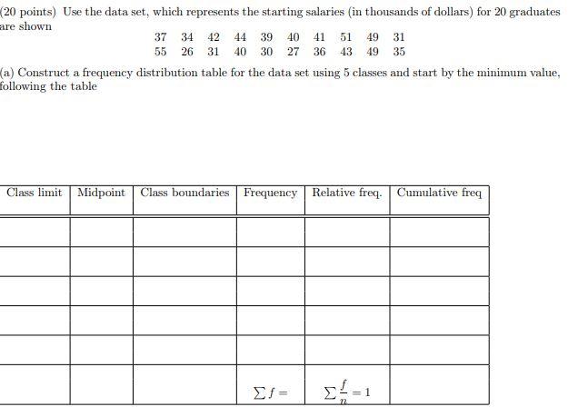 Solved (20 points) Use the data set, which represents the | Chegg.com