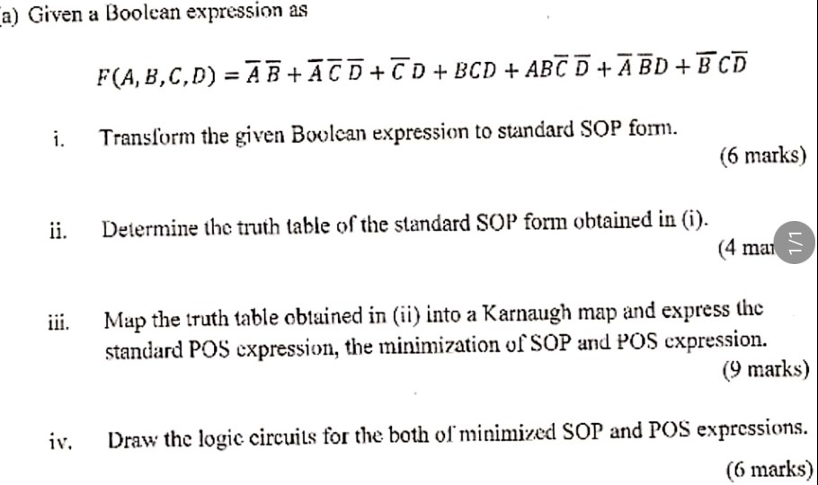Solved a) Given a Boolean expression as F(A, B,C,D)-AB+ACD | Chegg.com