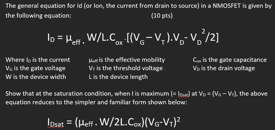 Solved The general equation for Id (or lon, the current from | Chegg.com