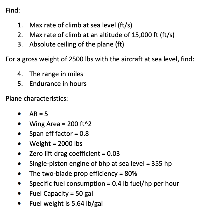 Find: 1. Max rate of climb at sea level (ft/s) 2. Max | Chegg.com