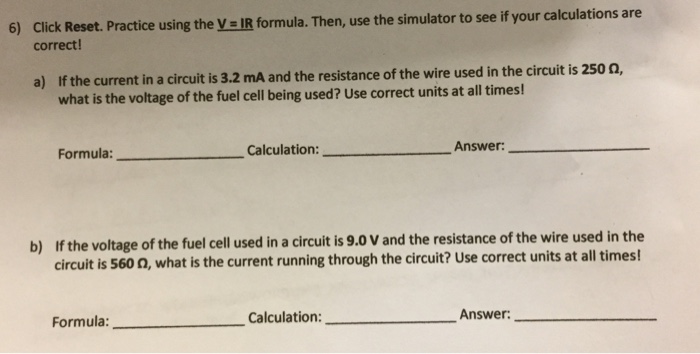 Solved Click Reset. Practice using the V = IR formula. Then, | Chegg.com