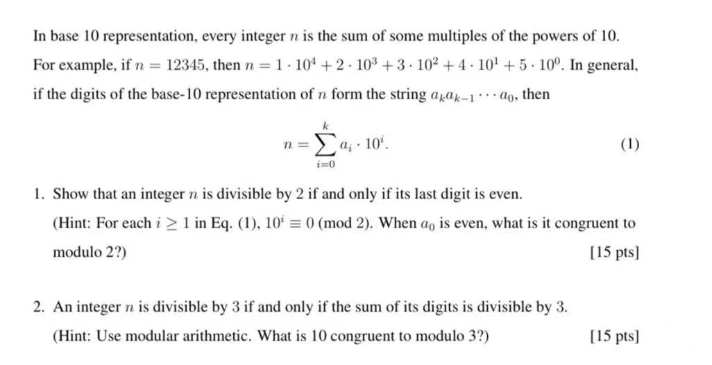 Solved In base 10 representation, every integer n is the sum | Chegg.com