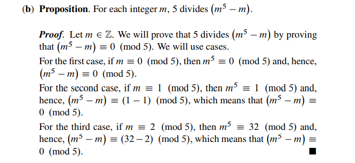 Solved (b) Proposition. For each integer m, 5 divides (m5 – | Chegg.com