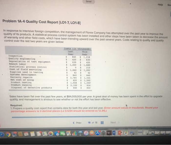 Solved Saved Help Sav Problem 1A-4 Quality Cost Report | Chegg.com