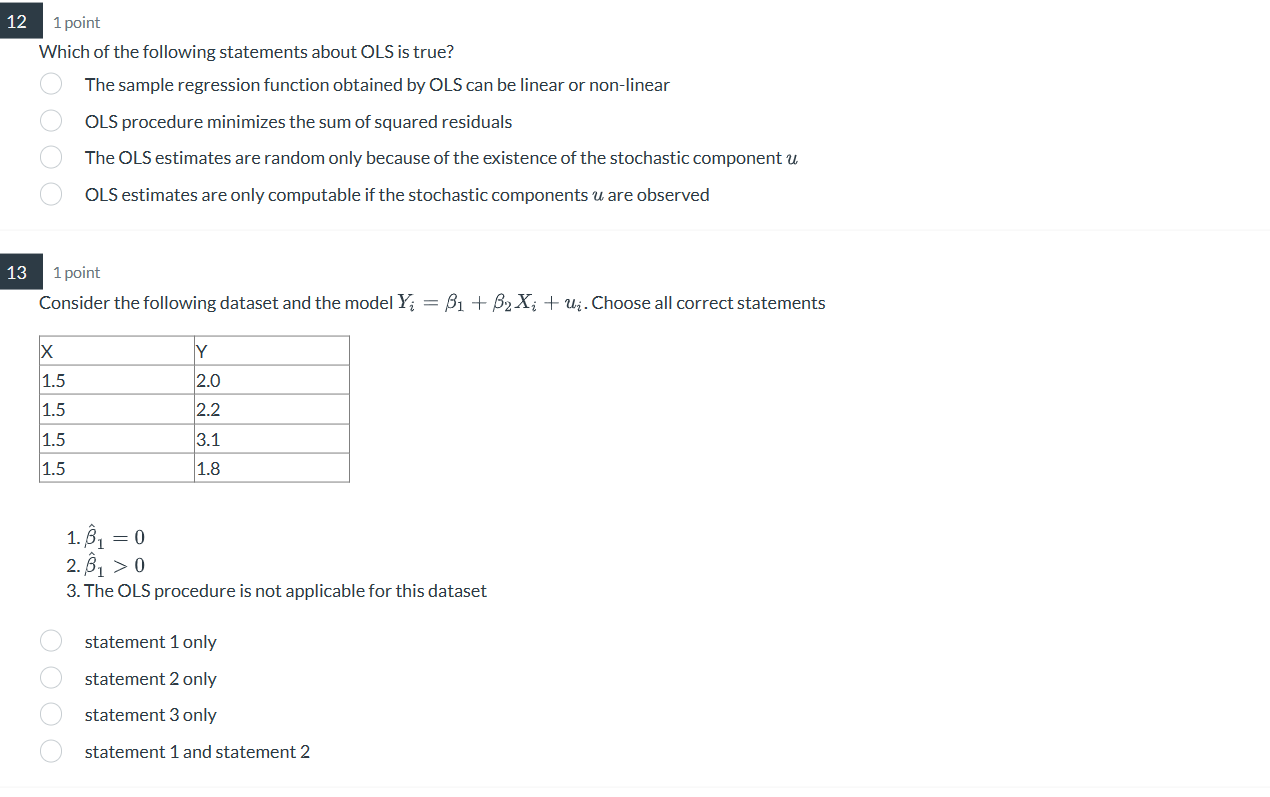Solved 1 point Which of the following statements about OLS | Chegg.com