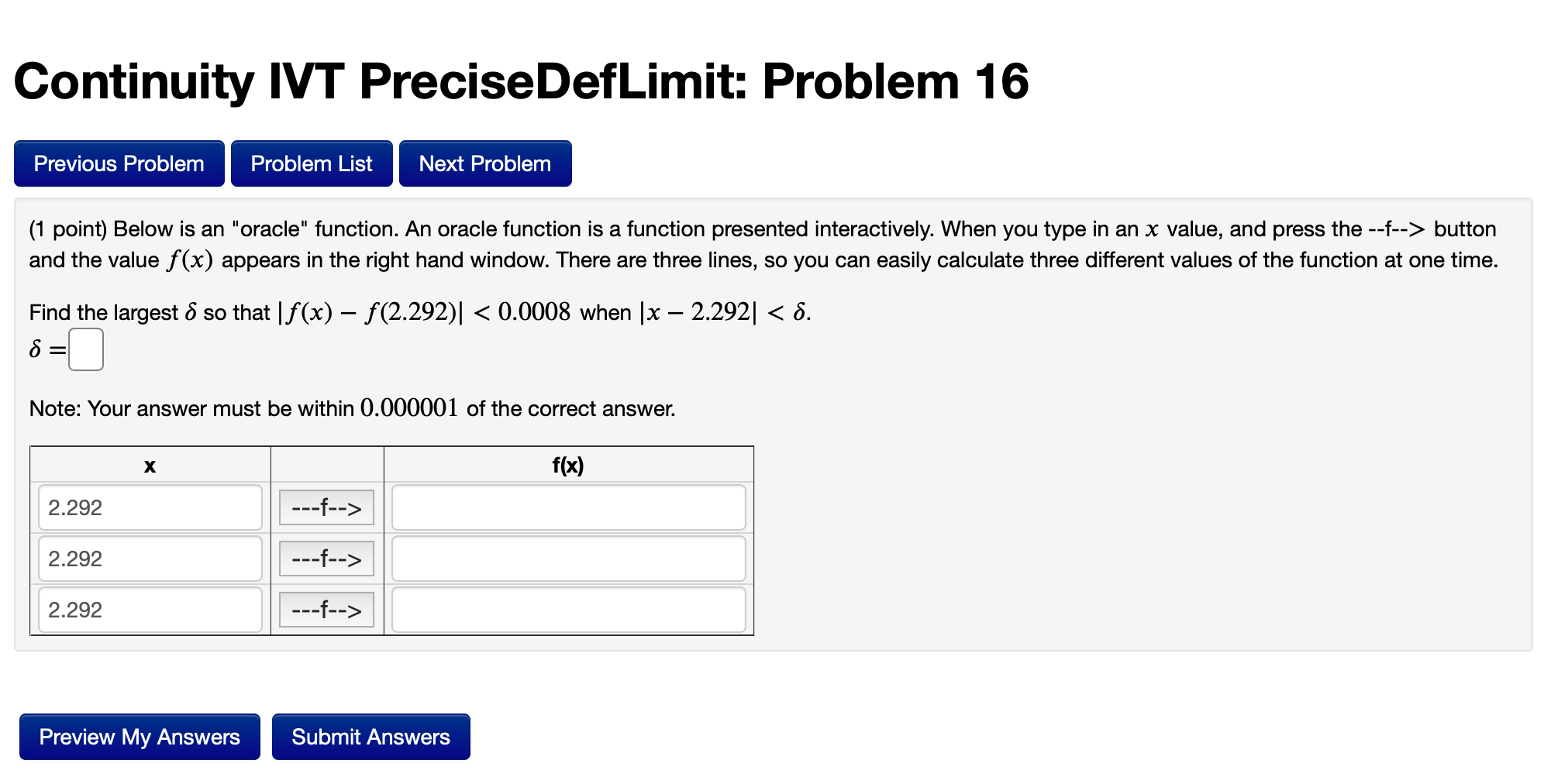 Continuity IVT PreciseDefLimit: Problem 16 Previous | Chegg.com