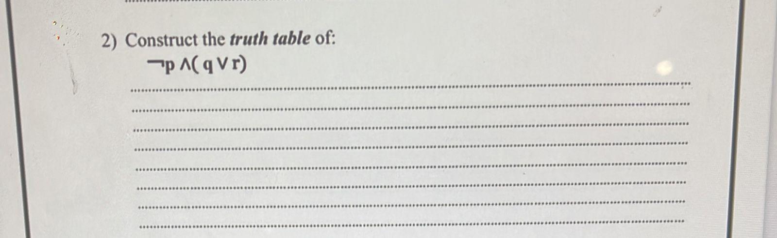 Solved 2) Construct the truth table of: ¬p∧(q∨r) | Chegg.com