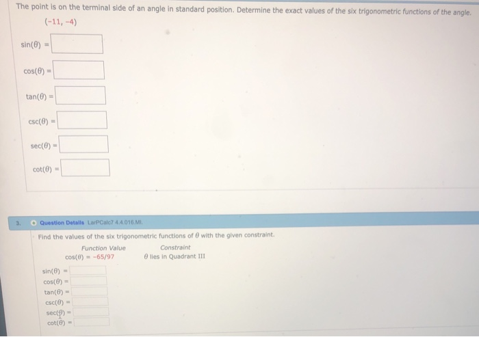 Solved The point is on the terminal side of an angle in | Chegg.com