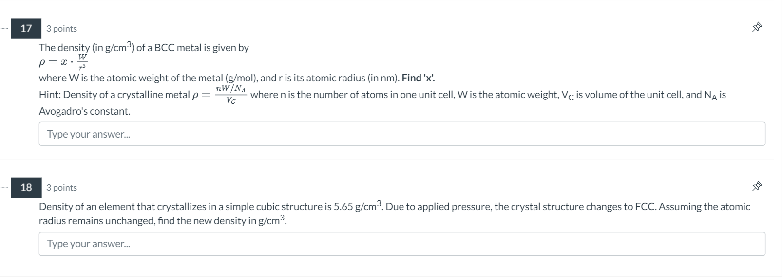 Solved 3 ﻿pointsThe density (in gcm3 ) ﻿of a BCC metal is | Chegg.com