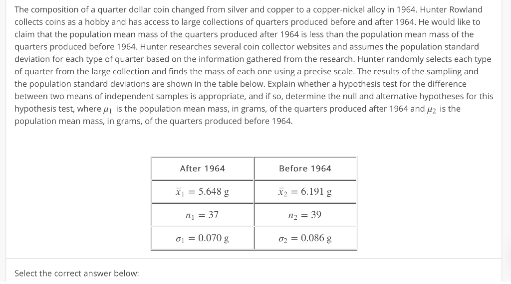 Solved The composition of a quarter dollar coin changed from | Chegg.com