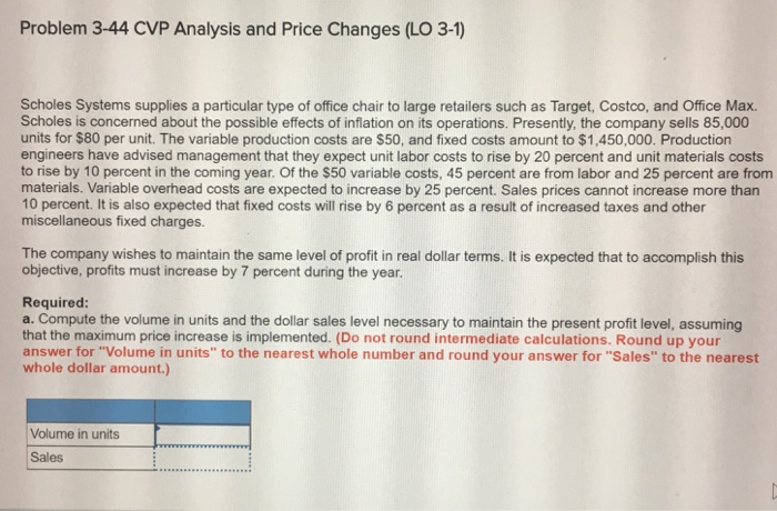 Solved Problem 3-44 CVP Analysis and Price Changes (LO 3-1) | Chegg.com