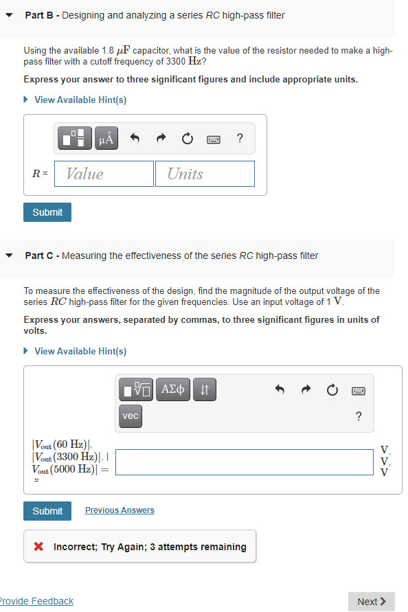 Solved Part B - Designing and analyzing a series RC | Chegg.com