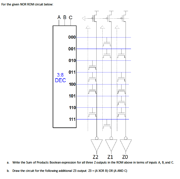 Solved For the given NOR ROM circuit below: T I ABC 000 001 | Chegg.com