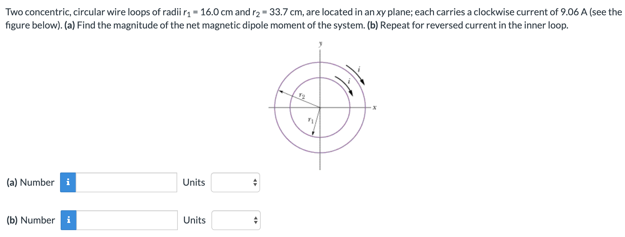 Solved Two concentric, circular wire loops of radii r1 = | Chegg.com