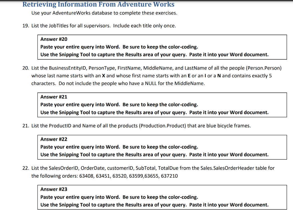 Retrieving Information From Adventure Works Use your | Chegg.com