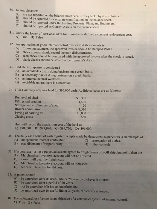 Solved 30. Intangible assets A) are not reported on the | Chegg.com