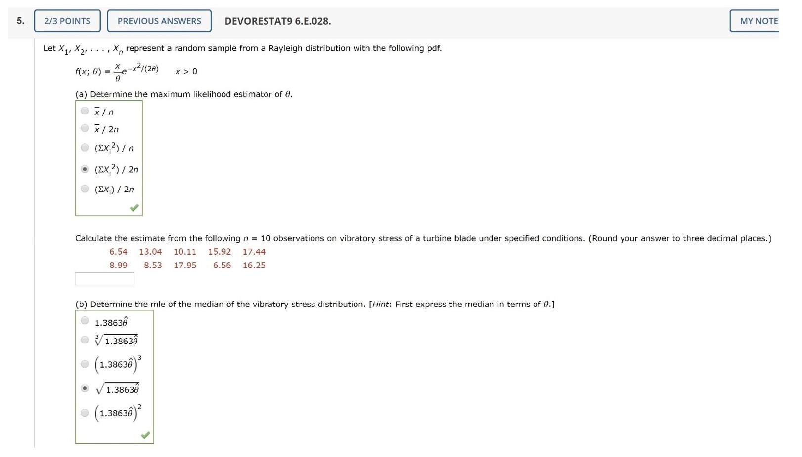 Solved 5. 2/3 POINTS PREVIOUS ANSWERS DEVORESTAT9 6.E.028. | Chegg.com