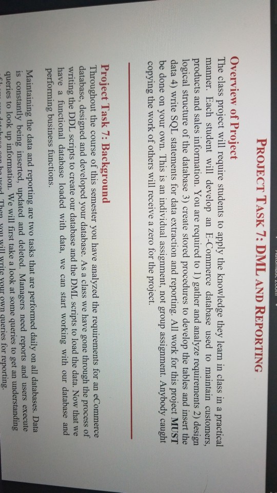 Solved PROJECT TASK 7: DML AND REPORTING Overview of Project | Chegg.com