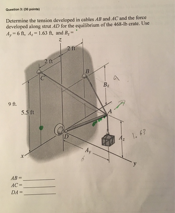 Solved Determine the tension developed in cables AB and AC | Chegg.com