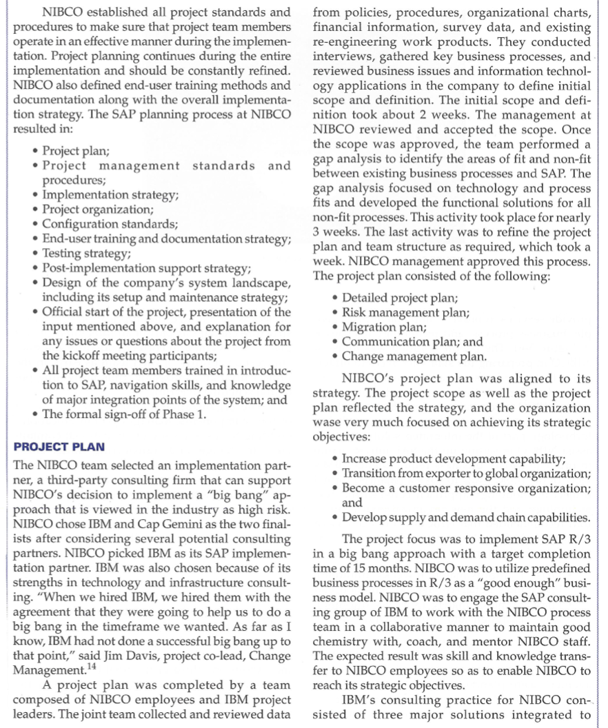 Solved CASE STUDY: INFORMATION SYSTEMS SAP Project at NIBCO, | Chegg.com