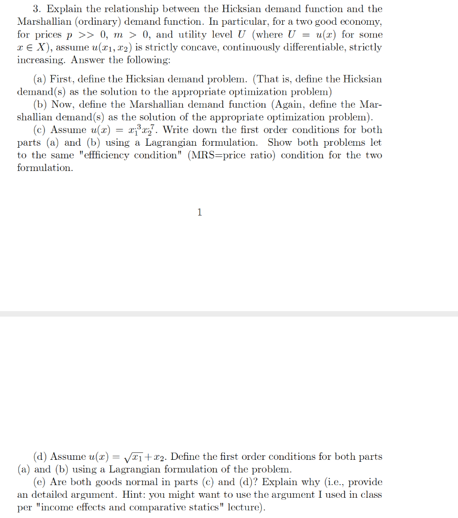 Solved 3. Explain the relationship between the Hicksian | Chegg.com