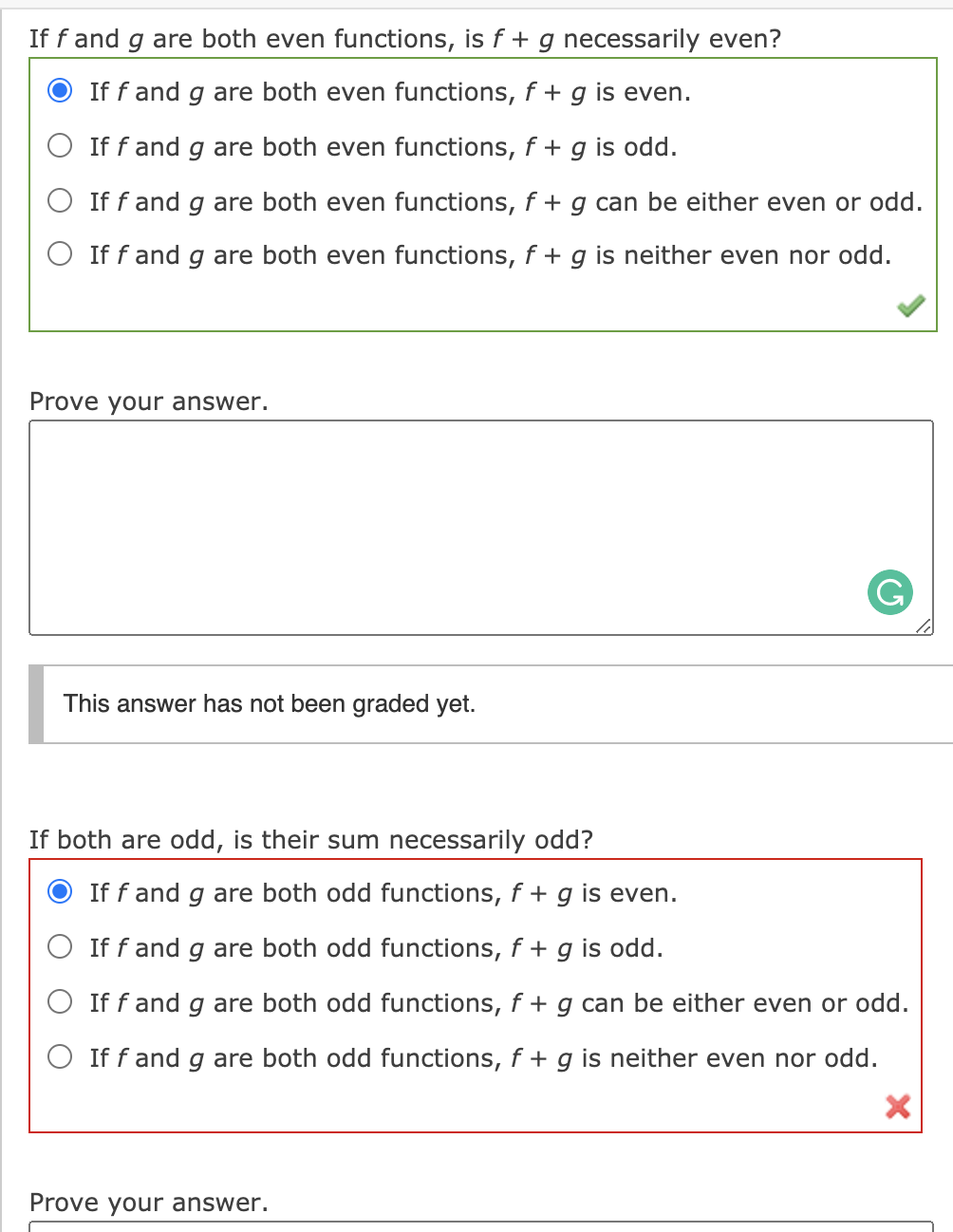 Solved If f and g are both even functions, is f + g | Chegg.com