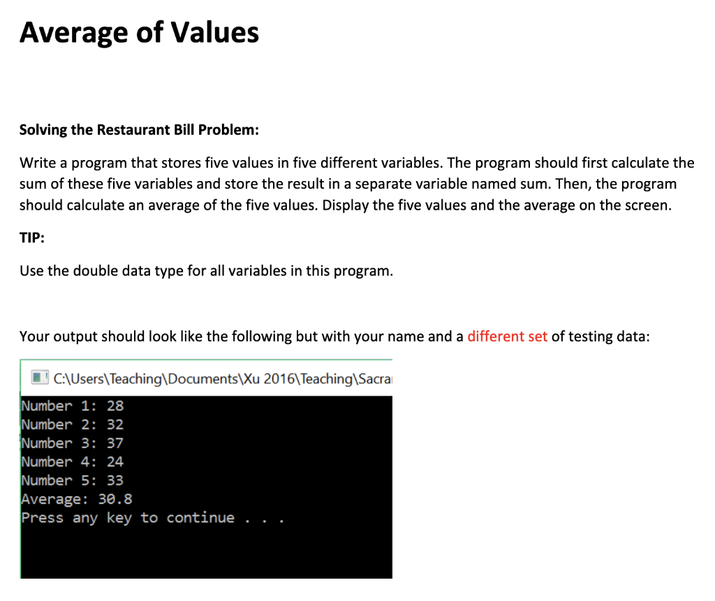 Solved Average of Values Solving the Restaurant Bill | Chegg.com