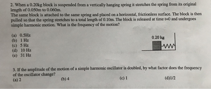 Solved 2. When a 0.20kg block is suspended from a vertically | Chegg.com