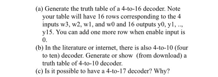 Solved (a) Generate the truth table of a 4-to-16 decoder. | Chegg.com